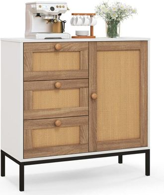 Costway Costway - Buffet Cuisine 3 Tiroirs avec Placard, Buffet Salle à Manger Étagère Réglable, Pied en Métal, Porte Design Cannage, 80 x 35 x 80,5 cm