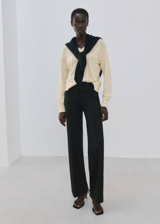 Mango Pull col V avec liser&eacute; contrastant jaune pastel - Femme - XXS - MANGO