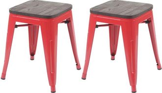 Hhg 2er-Set Hocker HHG-397 inkl. Holz-Sitzfl&auml;che, Metallhocker Sitzhocker, Metall Industriedesign stapelbar rot