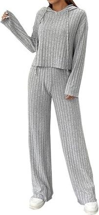 Generic Femme 2 Pcs Pull Ensemble Tricoté Hiver Sweater Top en Maille Sweatshirt Chaud Chandail Sport Pantalon Jambe Large Hiver Ensemble Sportswear Hiver Out