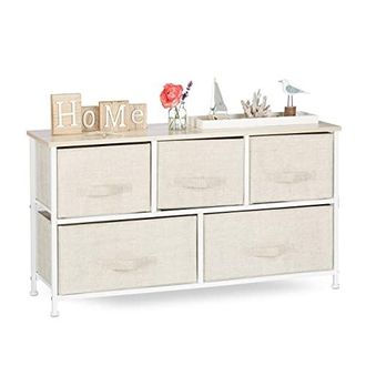 Relaxdays Meuble Rangement 5 tiroirs Tissu Commode étagère tiroir Tissu HxlxP: 54,5 x 100 x 30 cm, Beige