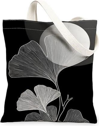 Generic Sacs fourre-tout en toile motif feuilles de ginkgo, sacs d&eacute;picerie r&eacute;utilisables, l&eacute;gers et lavables avec bandouli&egrave;re, noir, 13x15 Inch