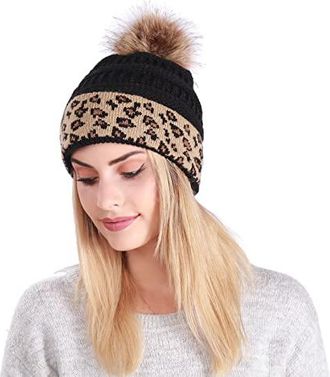 Generic Bonnet Femme Hiver Bonnet Femme Chapeau Femme Hiver Confortable Classique - Tricot C&acirc;bl&eacute; &Eacute;pais avec Fausse Pompon Et Imprim&eacute; L&eacute;opard, Bord Roulott&eacute; Do