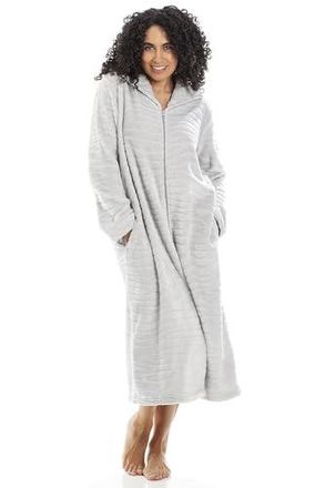 Camille Peignoir de Luxe en Polaire Super Douce pour Femme avec Fermeture éclair et Poches latérales, Gris zébré, 38-40
