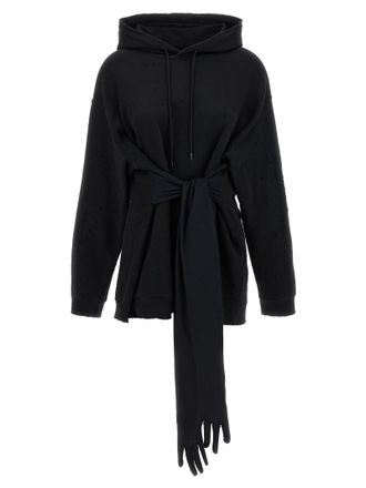 Maison Margiela Cotton Jersey with Fringe Tie-Belt Hoodie - Black