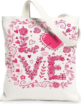 Generic Sacs fourre-tout en toile motif coeur romantique, sacs d&eacute;picerie r&eacute;utilisables, style vintage chic, l&eacute;ger et lavable, p&ecirc;che, 13x15 Inch