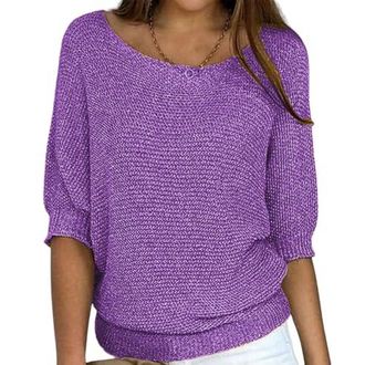 Generic Ideacloth Pull pour femme, haut en tricot décontracté, haut à manches 3/4 pour femme, haut en crochet pour femme, grande taille, violet, 5XL