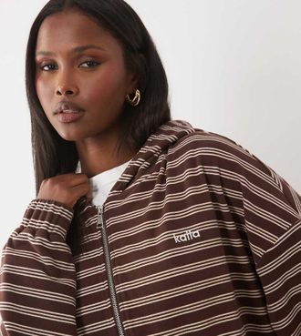KAIIA Jersey-Fleece Oversize-Zip-Hoodie als Zweiteiler in Schokobraun und Cremewei&szlig; gestreift-Multi