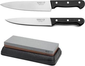 Sabatier Trompette TROMPETTE - Ensemble 2 couteaux de cuisine et 1 pierre à aiguiser - Universal - Acier 5Cr15MoV - Finition Satinée - Noir
