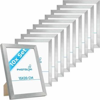 Photolini Cadre 15 x 20 bois MDF argent&eacute;, lot de 10 cadres photo pour posters et affiches, verre acrylique incassable, d&eacute;coration murale &agrave; suspendre & &agrave; poser, 