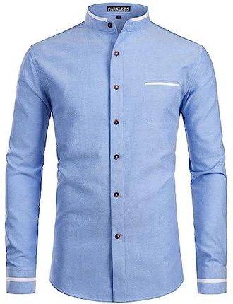 PARKLEES Hommes Hipster Design Grand-père Col Oxford Chemise Slim Fit Manches Longues Casual Bouton Down Robe Chemises avec Poche, Pz113-Light Blue, 3XL