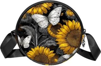 Generic Sac &agrave; bandouli&egrave;re rond pour femme, motif tournesol et papillon, petit sac &agrave; bandouli&egrave;re avec fermeture &eacute;clair, bretelles r&eacute;glables, sac &agrave; main rond d&eacute;