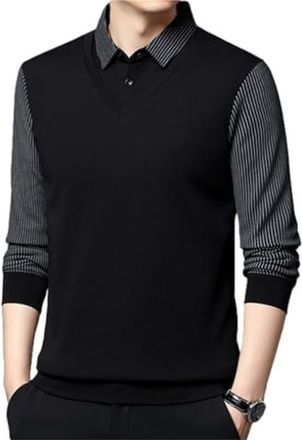 Generic Hommes Rayé Revers Faux Deux Pièces Chemise Manches Longues Business Casual Chemises Hommes Manches Longues Faux Deux Pièces Tricoté, Noir, XXL