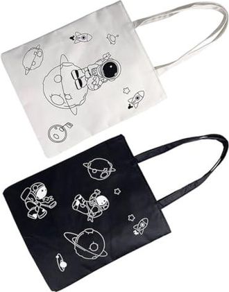 BESPORTBLE POPETPOP Lot de 2 Paquet Cabas en Toile 100% Coton Imprim&eacute; Astronaute Cr&eacute;atif Paquet &agrave; Bandouli&egrave;re Noir et Blanc Grand Volume Polyvalent pour Shopping