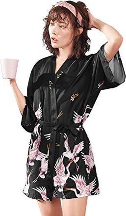 Minetom Kimono Japonais en Satin Femmes Mini Robe de Chambre avec Ceinture Imprimé Chemise de Nuit Sexy Manche Courte Peignoir Mariée Demoiselle dhonneur B No