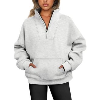 Generic Pull à capuche surdimensionné à manches longues et fermeture éclair quart de tour pour femme, gris, 3XL