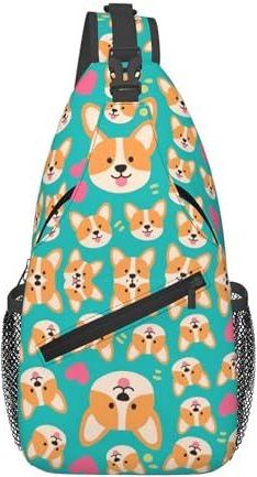 Generic Antivol Sacoche Bandouliere Adorables dessins anim&eacute;s de corgis et de coeurs Sling Bag L&eacute;ger Sac &agrave; Dos De Voyage pour Cyclisme &eacute;cole Voyage