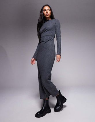 Asos Drapiertes, geripptes Maxikleid in Anthrazit-Grau