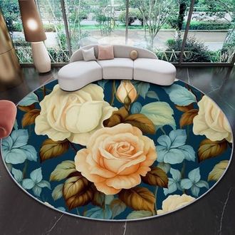 Generic Tapis Rond en Flanelle 120 cm, Rétro Roses Floral Éléments Imprimé, Bleu Tapis Circulaire Doux et Confortable antidérapant, Design élégant et Cosy pou
