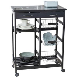 WENKO Desserte sur Roulettes Bon App&eacute;tit Wenko 2 &eacute;tag&egrave;res, 3 paniers, 2 tiroirs, Plateau verre, Charge 40kg, M&eacute;tal et mdf, 67x86,5x35cm, Noir et Blanc