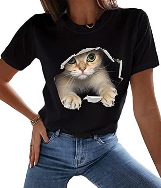 TOMWELL Femme T-Shirt Chat Imprimé Sweatshirt Top Manche Courte Col Rond T Shirt Léger Décontracté Sweat Blouse Top Pullover B Noir M