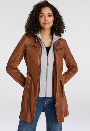 Mauritius Lederjacke Bente OT 2 (mit G&uuml;rtel) lange Lederjacke mit G&uuml;rtel & abnehmbarem Kapuzen-Inlay
