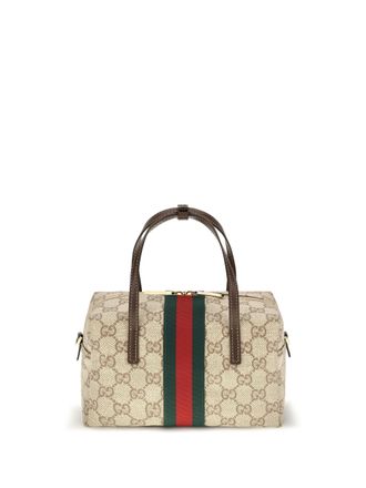 Gucci Womens Mini Boston Handbag With Web Stripe Brown Fabric Handbags Hand Bags