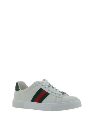 Gucci Womens Leather Sneakers Gr.whi-Vrv-Green Ace Gr.whi/vrv/green