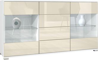 Vladon Sideboard Bari V1, Kommode mit 2 großen Türen und 4 Schubladen, Weiß matt/Creme Hochglanz (138,5 x 75,5 x 35)
