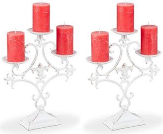 Relaxdays Kerzenständer, 3-armig, Kerzenhalter Stumpenkerzen, Shabby, Vintage, Gusseisen, HBT 28,5 x 23 x 7,5 cm, weiß (Packung mit 2)