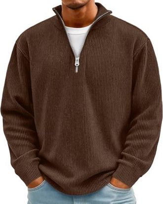 Generic Pull pour homme avec demi-fermeture &eacute;clair sans capuche en velours c&ocirc;tel&eacute; d&eacute;contract&eacute; &agrave; col montant T-shirt &agrave; manches longues confortable Pull de trav