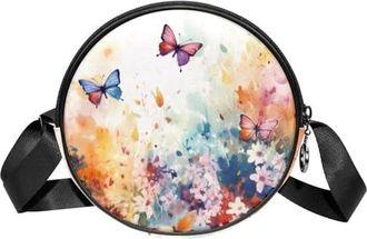 Generic Sac &agrave; bandouli&egrave;re rond pour femme, motif papillon, fleurs, petit sac &agrave; bandouli&egrave;re avec fermeture &eacute;clair, bretelles r&eacute;glables, sac &agrave; main rond d&eacute;contr