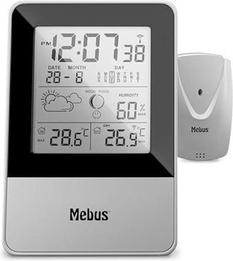 Mebus Funkgesteuerte Wetterstation mit Außensensor, Thermometer, Hygrometer (außen), Funkuhr, Wohlfühlindikator Raumklima, Wettervorhersage mit Symbolen, Mo