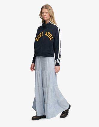 Superdry Jupe longue tiss&eacute;e &agrave; volants &eacute;tag&eacute;s et imprim&eacute; coeurs et p&acirc;querettes - Bleu brume