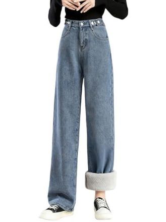 ORANDESIGNE Jean Polaire Femme Taille Haute Jean Chaud Hiver Jeans Doublé Polaire Jeans Thermique Larges A Bleu XL