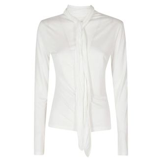 Vince Haut &agrave; manches longues en jersey avec col nou&eacute; - Femme - Tops - Blanc - Taille: 36 FR