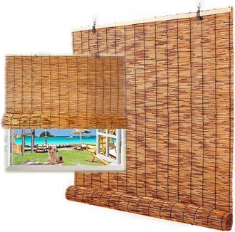 Generic Retro Carbonization Natural Schilf Vorhang Rollo Bambus Handgewebt Mit Lifte Atmungsaktiv Outdoor-vorh&auml;nge Strohjalousien F&uuml;r Terrasse Garten Fenster 