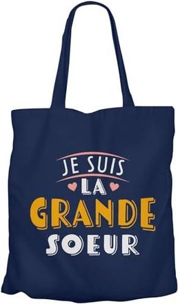 Fabulous Tote Bag Sac Shopping en Toile Bleu - Je Suis la Grande Soeur - Famille Fille Enfant - 10 L