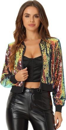Allegra K Damen Bomberjacke Langarm Glitzer Pailletten Party Jacke Orange L