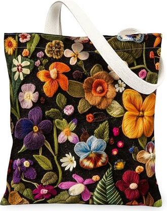Generic Sac fourre-tout en toile avec motif orchid&eacute;es printani&egrave;res pour le shopping, 33 x 38 cm, motif floral, r&eacute;utilisable, sac d&eacute;picerie pour femme, amusant