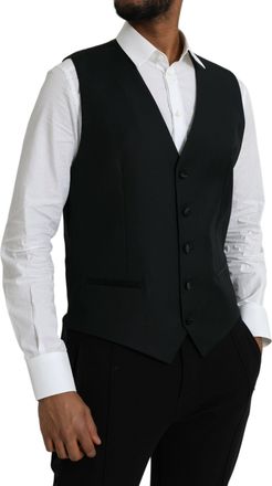 Dolce & Gabbana Mens Black Wool Waistcoat Dress Formal Vest Silk Polyester