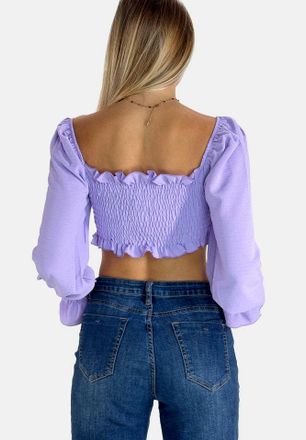 Elara Blusentop - Damen Crop Top mit Carmen-Ausschnitt, Puff&auml;rmeln und Raffung