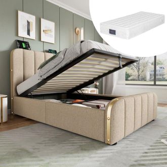 vidaXL Lit rembourré lit simple, tête de lit rembourrée avec rayures décoratives dorées et fonction de chargement USB Type-C 90 x 200 cm, tissu en lin