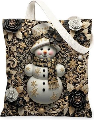 Generic Sacs fourre-tout en toile motif bonhomme de neige floral, sacs de courses r&eacute;utilisables, &eacute;l&eacute;gants et lavables en toile pour voyage B, noir, 13x15 Inch