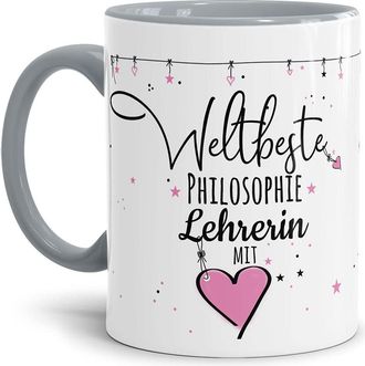 Tassendruck Tasse mit Spruch - Weltbeste Lehrerin mit Herz - Geschenk f&uuml;r die Philosophie-Lehrerin - Hochwertige Keramiktasse, Innen & Henkel Grau, 300 ml