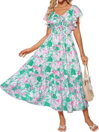 Grace Karin Robe longue élégante pour femme avec manches à volants, col en V, coupe trapèze, robe dété, avec poches, Fleurs vertes et roses, L