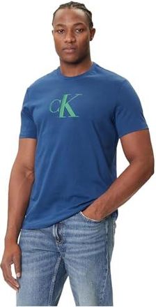 Calvin Klein T-Shirt Manches Courtes Homme Center Monogram Classic en Coton, Bleu (Blue Jean), XL