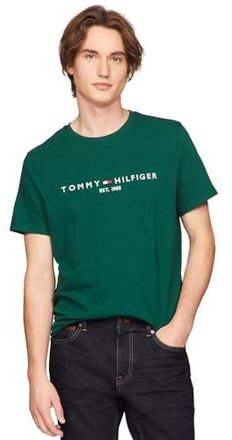 Tommy Hilfiger T-shirt à col rond brodé avec logo Tommy pour homme, coupe droite, collection 2024, (2024) Vert chasseur, Taille S