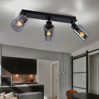 ETC Shop Deckenlampe schwenkbar Spotlampe schwarz Deckenleuchte Wohnzimmer 3 flammig, Metall, Glas rauch, 3x E27 Fassungen, LxH 47x21,5 cm
