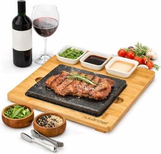 Nutrichef NutriChef Hei&szlig;er Stein Grillplatte - Tischgrill-Set mit Bambus und Keramik Ideal f&uuml;r Steak und Dinner - Nat&uuml;rliches Granit-Kochset - Servierplatte mit